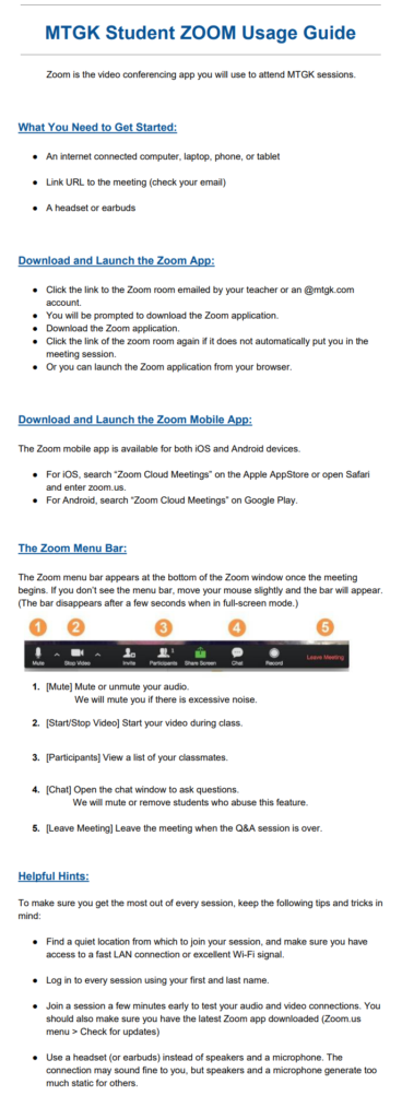 Student ZOOM Usage Guide - MTGK Institute